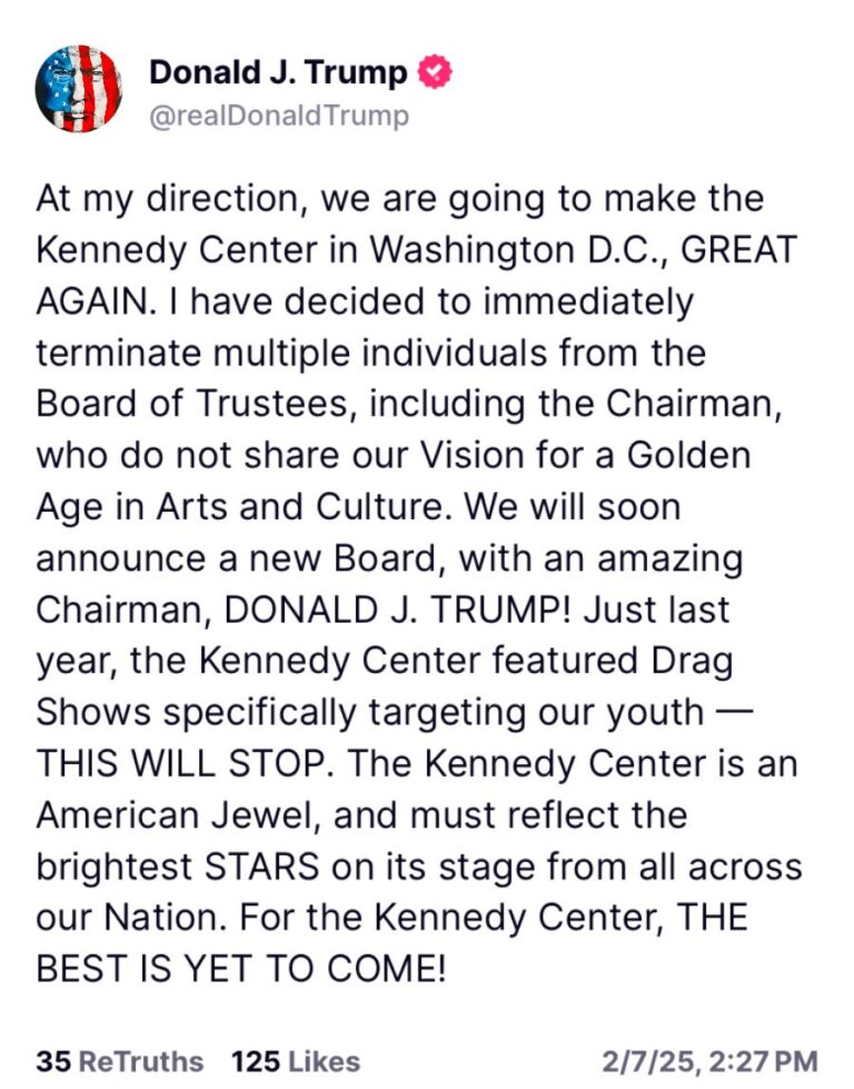 Donald Trump To Appoint Himself Board Chairman of Kennedy Center Amid ...